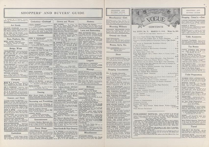 Vogue Contents March 15 1910 Vogue March 15 1910