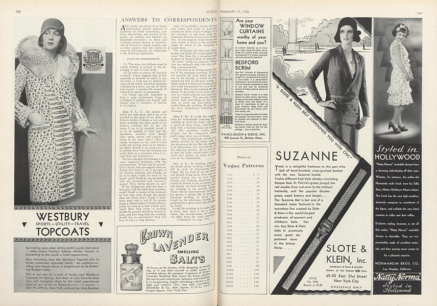 Answers to Correspondents | Vogue | FEBRUARY 15, 1930