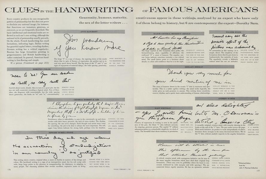 Clues in the Handwriting of Famous Americans | Vogue | FEBRUARY 1, 1961